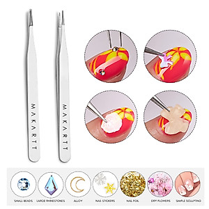 Makartt 2Pcs Straight Nail Tweezers Probe Tips Metal Precision Tweezers for Nail Art Picking Gems Rhinestones Acrylic Gel Stickers Eyelash Extensions Nail Tools
