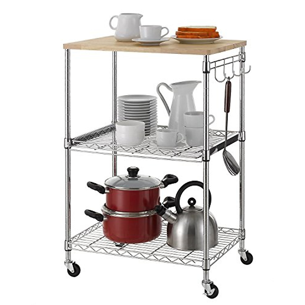 Finnhomy 3-Tier Wire Rolling Kitchen Cart, Food Service Cart, Microwave Stand, Oak Cutting Board and Chrome