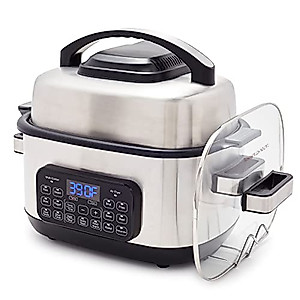 GreenPan Stainless Steel 13-in-1 Air Fryer Slow Cooker & Grill, Presets to Steam Saute Broil Bake and Cook Rice, Healthy Ceramic Nonstick and Dishwasher Safe Parts, Easy-to-use LED Display
