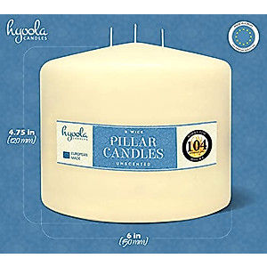 HYOOLA Ivory Three Wick Large Candle - 6 x 4.75 Inch - Unscented Big Pillar Candles - 104 Hour - European Made