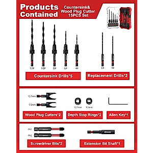 EZARC Countersink Drill Bit Set, 15 PCS Tapered Drill Bits Counter Sink Drill Bit with 2PCS Wood Plug Cutter 1/4" Hex Shank Quick Change for Woodworking with Storage Box