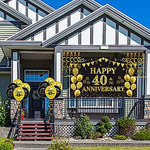 DARUNAXY 40th Wedding Anniversary Decorations, Large Happy 40th Anniversary Banner Backdrop 70 x 43 Inches, Black and Gold Party Balloons, Hanging Swirls for Indoor Outdoor Home Wall Party Supplies