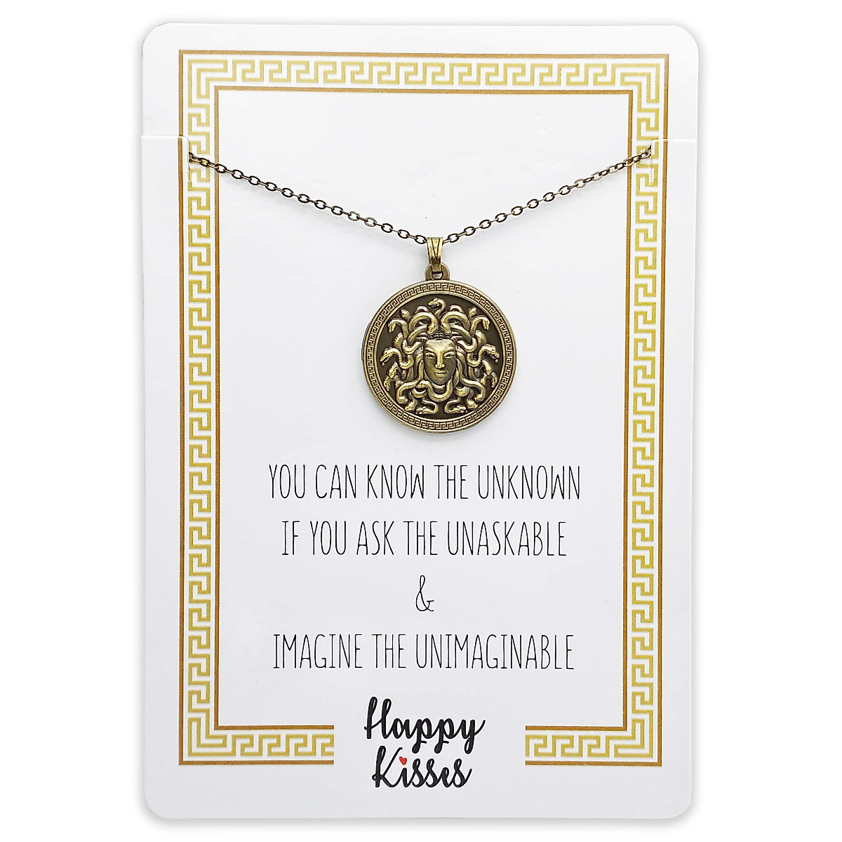 Happy Kisses Medusa Necklace - Pendant Jewelry – Greek Mythology Gift – Antique Gold or Silver Finish (Antique Gold)
