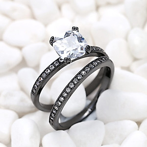 14k Black Gold White Stacking Promise Ring for Women Non Tarnish CZ Engagement Band Rings for Bridal Round Cut 1CT Cubic Zircon Solitaire Ring Hypoallergenic can be Worn Separately Jewelry Set (6)
