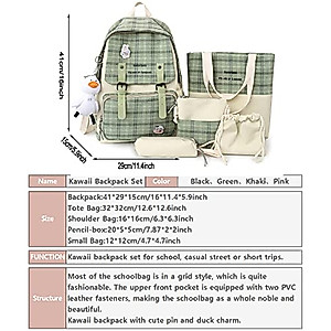 DAHUOJI 5Pcs Kawaii Backpack Set with Badge & Duck Pendant,Japanese Aesthetic Check Bookbag for Girls Cute Plaid School Bags Comes with Tote Bag,Shoulder Bag,Pencil Box,Small Bag(Green,16in)