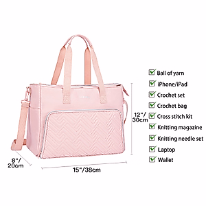 Leudes Crochet Tote Bag, Knitting Bag Fits 15.6 Inch Laptop Yarn Storage Organizer Large Yarn Holder Hook Case for Knitting & Crochet Supplies (Pink)
