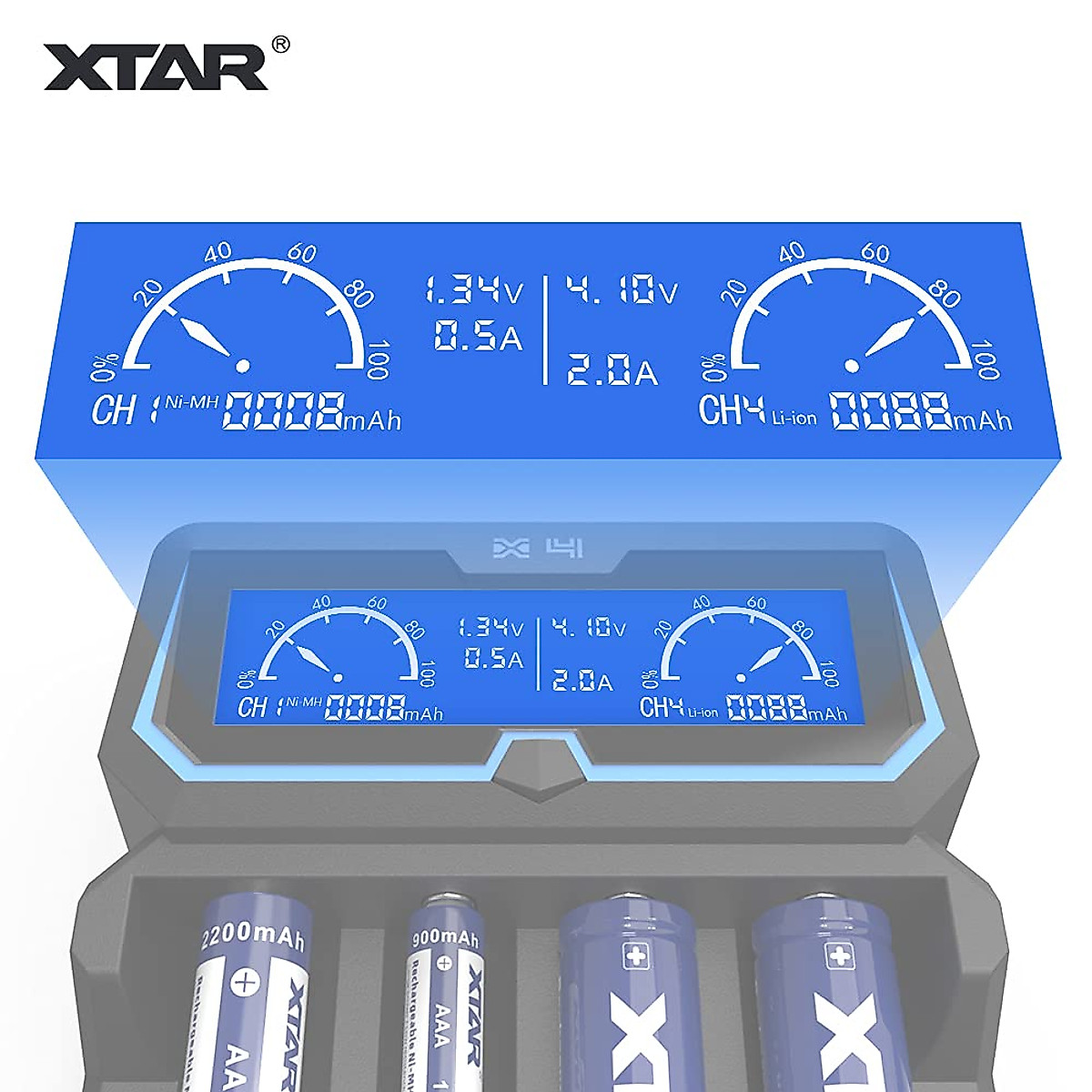 XTAR New X4 Universal 18650 21700 Battery Charger 2A Fast Charger for Rechargeable Li-ion/IMR/Ni-MH/Ni-Cd 18650 16340 20700 21700 26650 14500 AA AAA C Batteries with USB Output