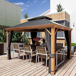HAPPATIO 10' x 12' Hardtop Gazebo, Outdoor Wood Grain Frame Aluminum Metal Gazebo with Galvanized Steel Double Roof，Patio Gazebo Canopy with Netting and Curtains for Patio, Deck，Backyard (Gray)