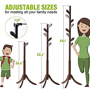 Coat Rack Freestanding Bamboo Coat TreeCoat Rack Standing Adjustable Coat With 3 Sections 8 Coat Hooks Easy Assemble Coat Hanger For Closet Hats Bedroom Office Entryway Leaf Hook(Brown)