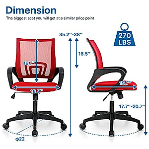 Home Office Chair Mesh Ergonomic Desk Chair Mid Back Computer Chair with Lumbar Support Armrest Adjustable Height Executive Rolling Swivel Task Chair for Women Men, Red
