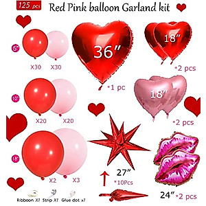 Pink and Red Balloon Garland kit 125PCS Valentines Day Balloon Arch with Heart Shape Balloons and Lip Starburst Balloons For Valentines decorations Girl birthday Party Lady Nignt Proposal engagement supplies