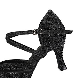 ROGMUJEN Women Girls Ballroom Dance Shoes - Latin Salsa Shoes with Rhinestones for Practice Performance Tango Party Dress,Black,9US,M1025