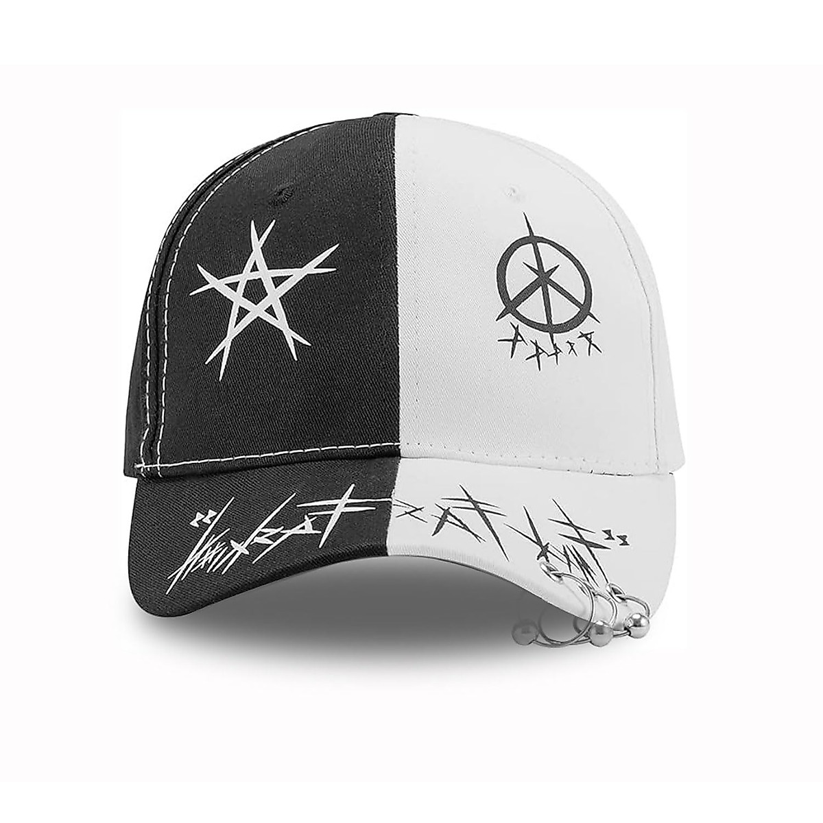 Graffiti Baseball Cap, K-pop Boys Outdoor Iron Ring Snapback Hat，Black White Hiphop Hat, Dad Hat, techwear Hat, tech Wear Cap, Trucker Hat for Men Women