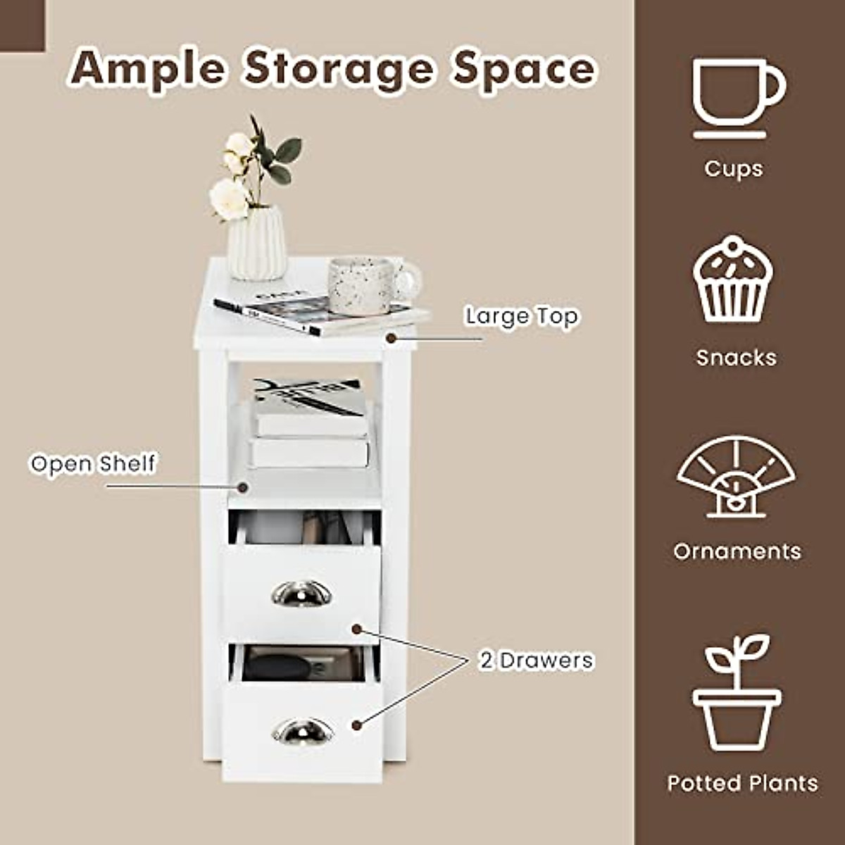 Giantex End Table Wooden W/ 2 Drawers and Shelf Space-Saving Rectangular Bedside Table with Metal Handle, Retro Side Table for Living Room Bedroom Home Furniture Side Table (1, White)