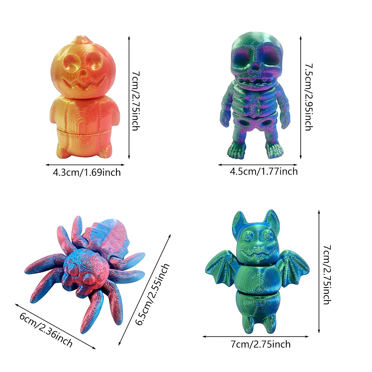 Cherislpy 4Pcs 3D Printed Pumpkin, Bat, Spider,Skeleton Man Statue Fidget Toys for Halloween Decor, Halloween Decorations for Craft Haunted House Accessories Party Favors