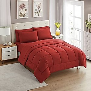 Sweet Home Collection 5 Piece Comforter Set Bag Solid Color All Season Soft Down Alternative Blanket & Luxurious Microfiber Bed Sheets, Red, Twin