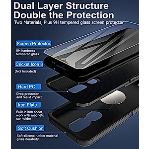 Dahkoiz Cricket Icon 3 Case, At&t Motivate 2, Cricket Splendor Phone Case with Screen Protector, Dust-Proof Port Cover, Magnetic Car Mount Support, Full Body Silicone Rubber Protection, Black