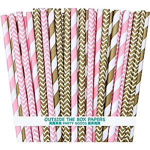 Outside the Box Papers Gold and Pink Stripe and Chevron Paper Straws 7.75 Inches 100 Pack Gold, Pink, White