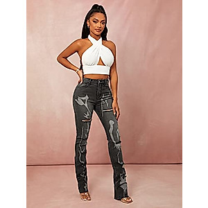 WDIRARA Women's Graphic Print Ripped Jeans High Waisted Button Skinny Denim Pants Grey S