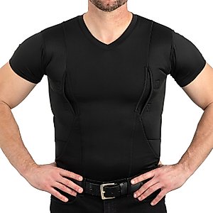 CCW Tactical Concealed Carry Holster Shirt | Secure Hook & Loop Pocket with Large Storage | All Season Moisture Wicking Compression Shirt | Mens V-Neck, Black XL