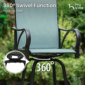 PHI VILLA Outdoor Bar Stools Swivel Set of 4, Bar Height Patio Stools & Chairs with Back and Armrest, All-Weather Textilene Fabric Bar Furniture for Deck Lawn Garden, Waterproof and Quick-Drying
