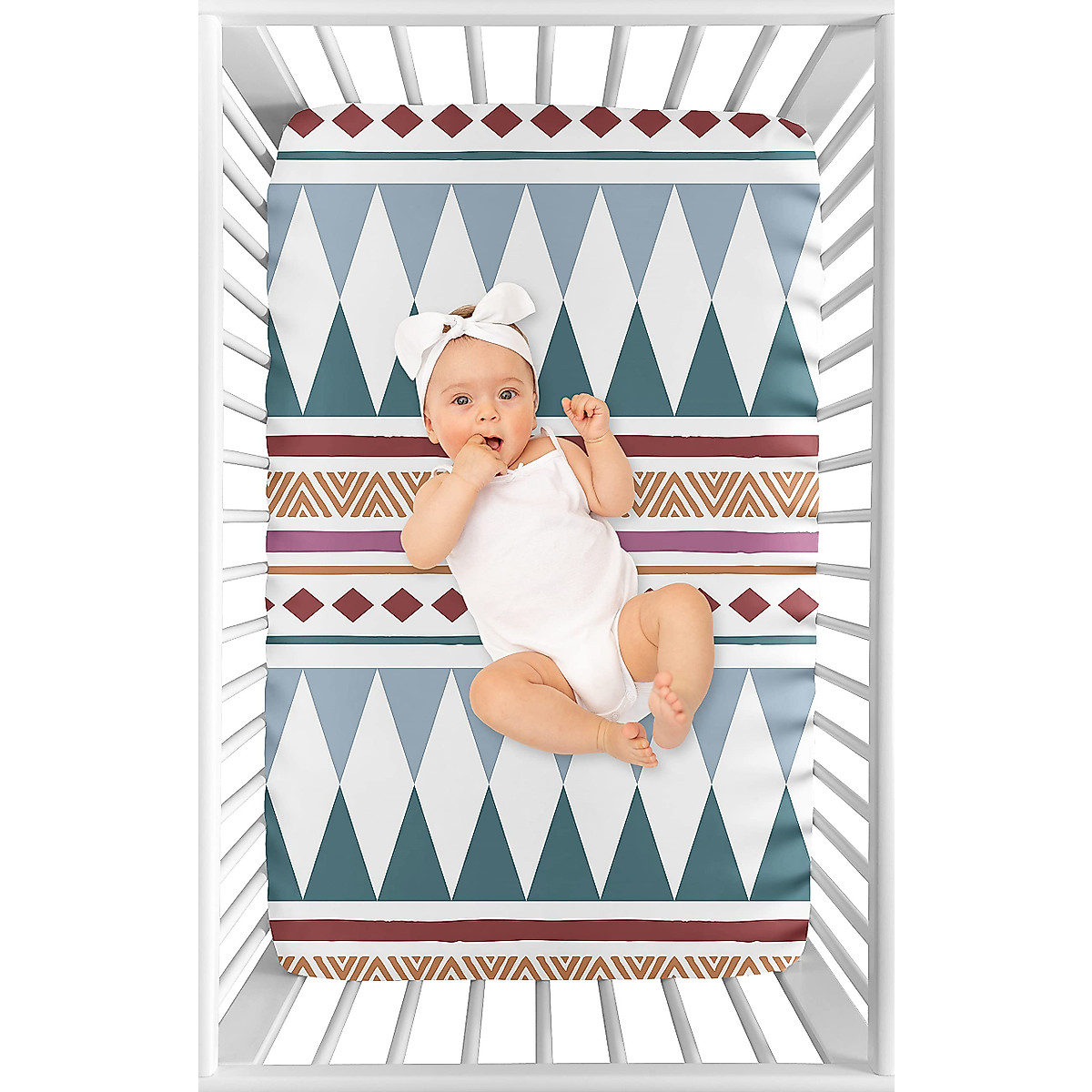 Sweet Jojo Designs Aztec Boho Chic Girl Fitted Mini Crib Sheet Baby Nursery for Portable Crib Pack and Play - Yellow Blue Gold Mauve Burgundy Purple Pink Modern Bohemian Southwestern Rustic Geometric