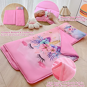 Unicorn Toddler Nap Mats for Preschool Daycare Girls Pink Cartoon Kids Sleeping Mats Toddler Slumber Bag Nap Pad with Removable Pillow for Girls Boys Kindergarten Sleepovers Travel and Camping