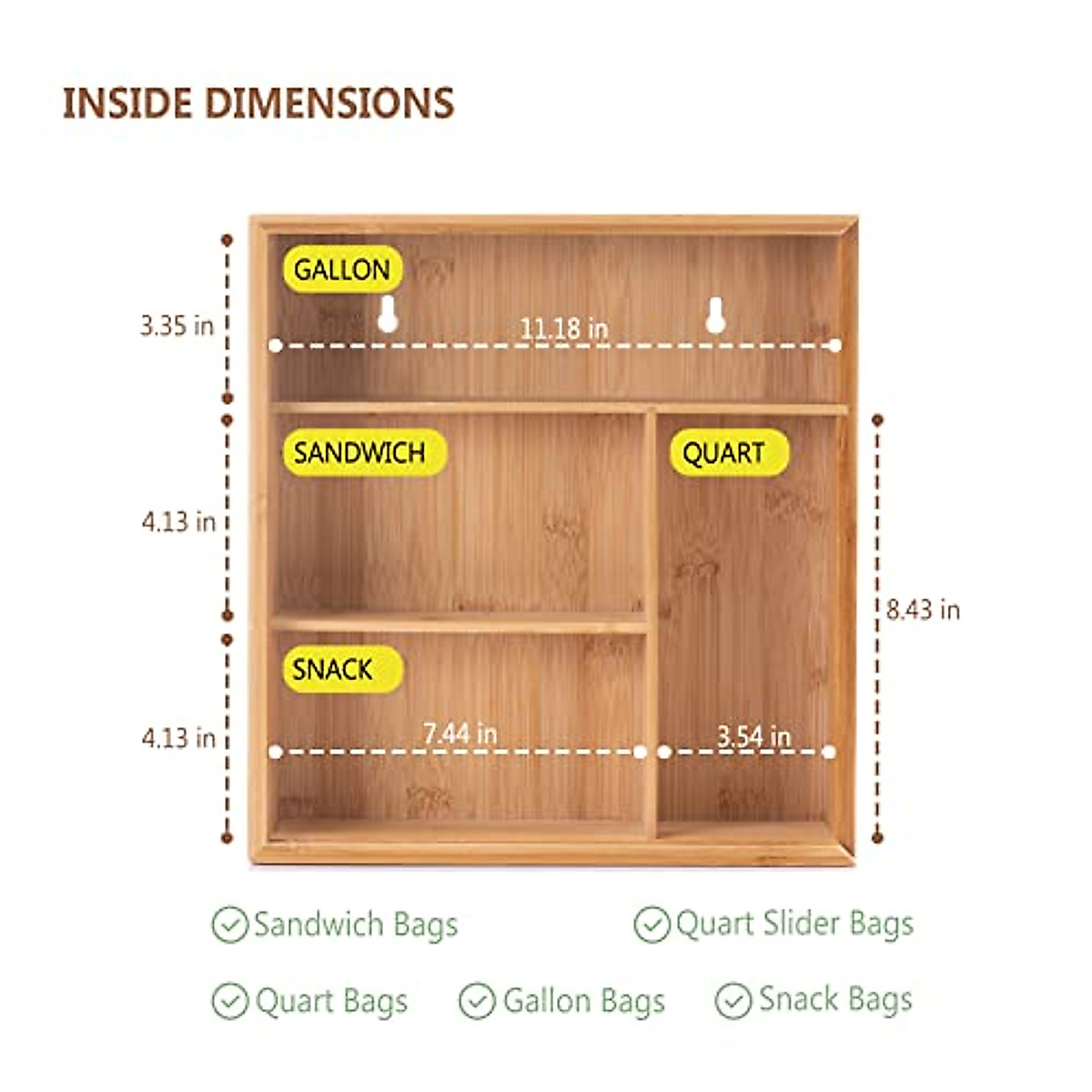 Empaxum Bamboo Ziplock Bag Storage Organizer for Kitchen Drawer Baggie Organizer Dispenser with Lids for Drawer Food Storage Bag Organizer for Gallon, Quart, Sandwich and Snack Bags