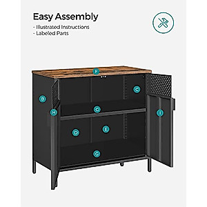 SONGMICS Storage Sideboard, Buffet Table with Adjustable Shelves, Floor Storage Cupboard, Steel Frame, Rustic Brown and Black ULSC102B01