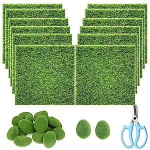 Cayway 28 PCS Artificial Garden Grass and Artificial Moss Rocks Decorative Set, 5.9 x 5.9Inch 12 PCS Fairy Artificial Grass and 15 PCS Green Moss Balls, Floral Scissors for Decoration, Fairy Gardens