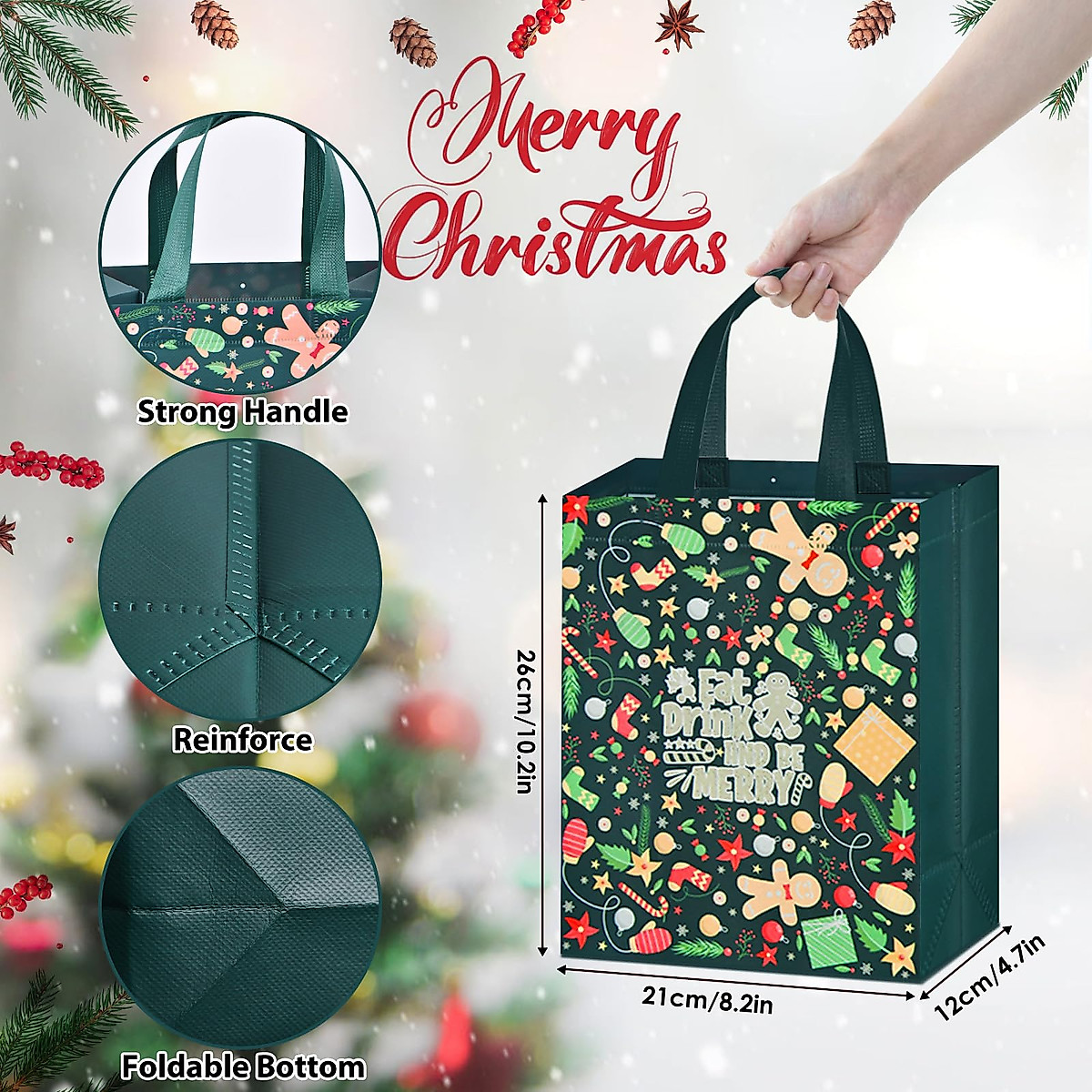 AhfuLife 8 PCS Small Christmas Gift Bags, 10.2'' x 8.2''x 4.7'', Reusable Non-Woven Christmas Tote Bags with Handles, Christmas Treat Bags for Kids Xmas Candy Party Favors Decorations