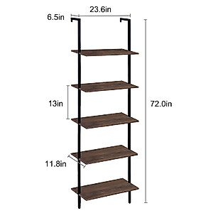Wolawu 5 Tiers Ladder Shelf 2-Piece Black Modern Tall Bookshelf Open Large Tall Wall Mount Storage Bookcase Standing Leaning Wall Shelves Industrial Decorative