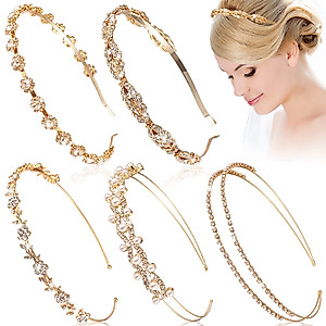 XunYee 5 Pieces Rhinestones Wedding Headbands Flower Leaves Crown Headband Wedding Hair Accessories for Brides Women Party(Gold)