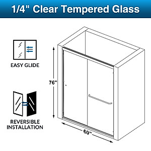 SL4U Sliding Shower Door, 60" W x 76" H, 1/4" Tempered Glass Shower Door, Sliding Shower Glass Door, Easy to Clean, Matte Black Finish