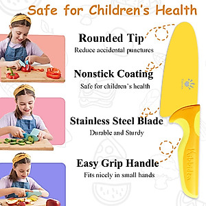 Kibbidea Kids Knife Set, 4-Piece Kids Cooking Sets Real, Stainless Steel Kids Kitchen Chef's Knives with Peeler, Finger Guard, Protective Glove for Cutting Peeling (Blue)
