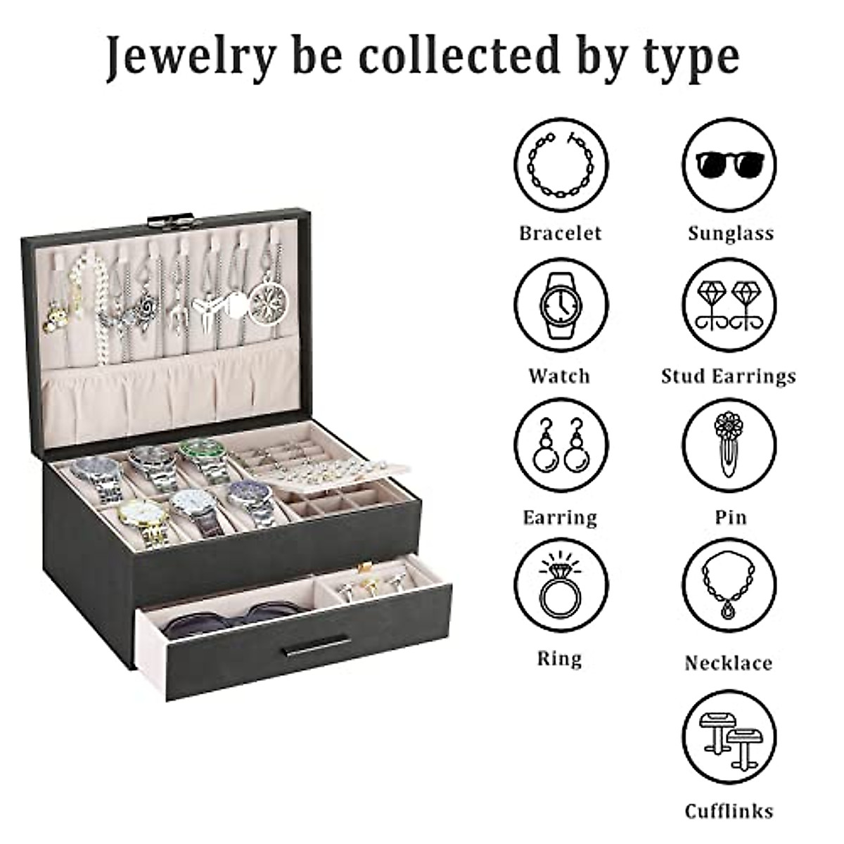 BareTulip Jewelry Organizer Mens Jewelry Box with 2 layers storage Watch Sunglass necklace Ring Bracelet Large Jewelry Box for Women Grey