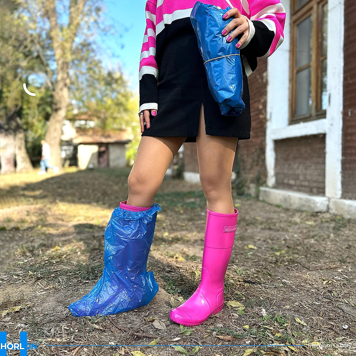 Large Thicker Boot And Shoe Covers Disposable Non-Slip 50 Pack (25 Pairs) Waterproof Durable Reusable Rain, Outdoor Indoors Overshoes, Fit Up To Men's 13, Blue, 20 Tall, Horlon