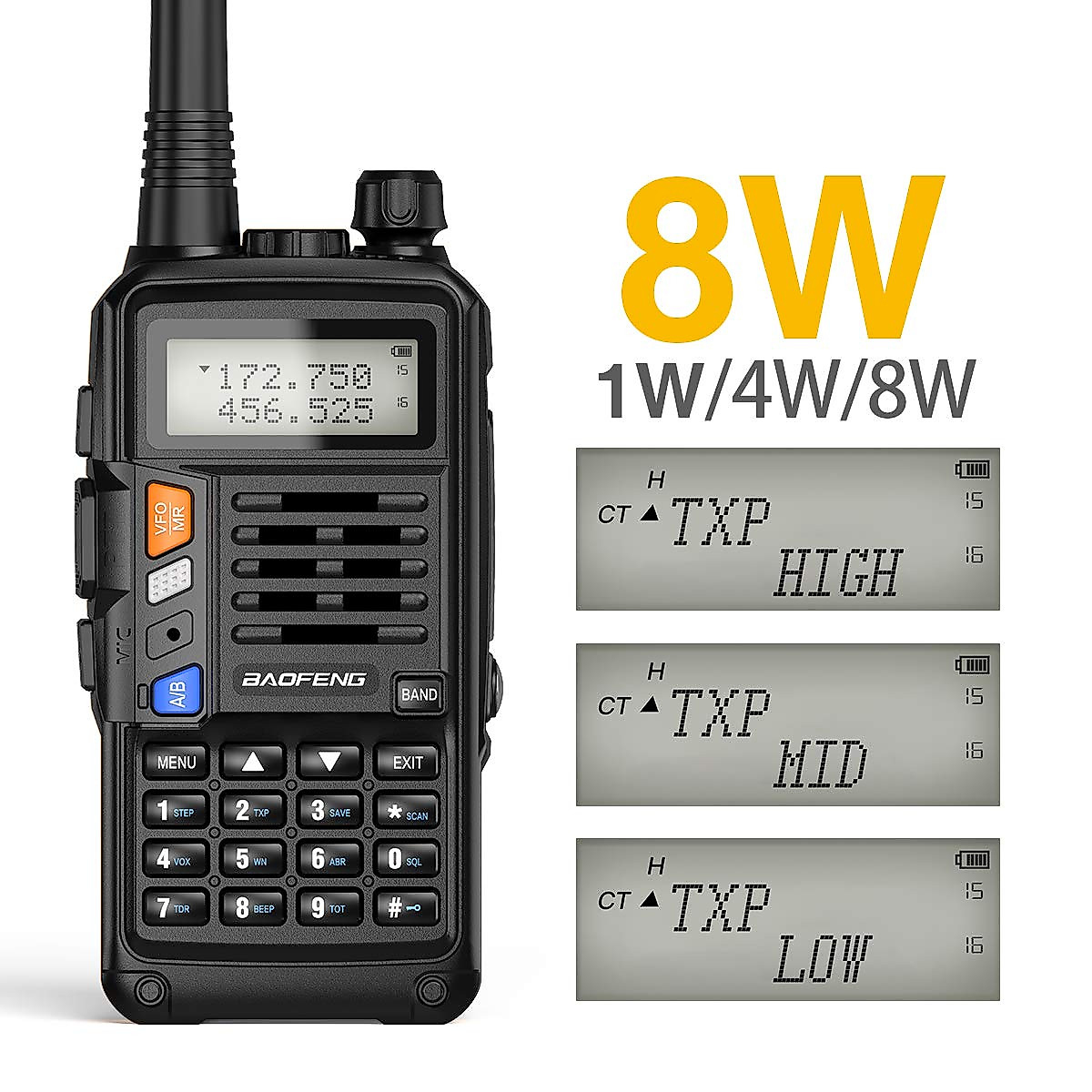 Baofeng UV-5R Upgraded Ham Radio Handheld Two Way Radio UV-S9 Plus 8W Long Range UV5R Portable Rechargeable Walkie Talkie with USB Charger Cable (Black)