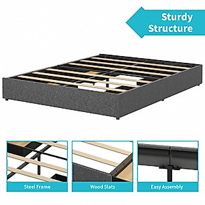 CECER Bed Frame with 4 Storage Drawers, Cotton Linen King Size Platform Bed Frame with Wood Slat Support/No Box Spring Needed/Easy Assembly/Under Bed Storage, King Size, Dark Grey