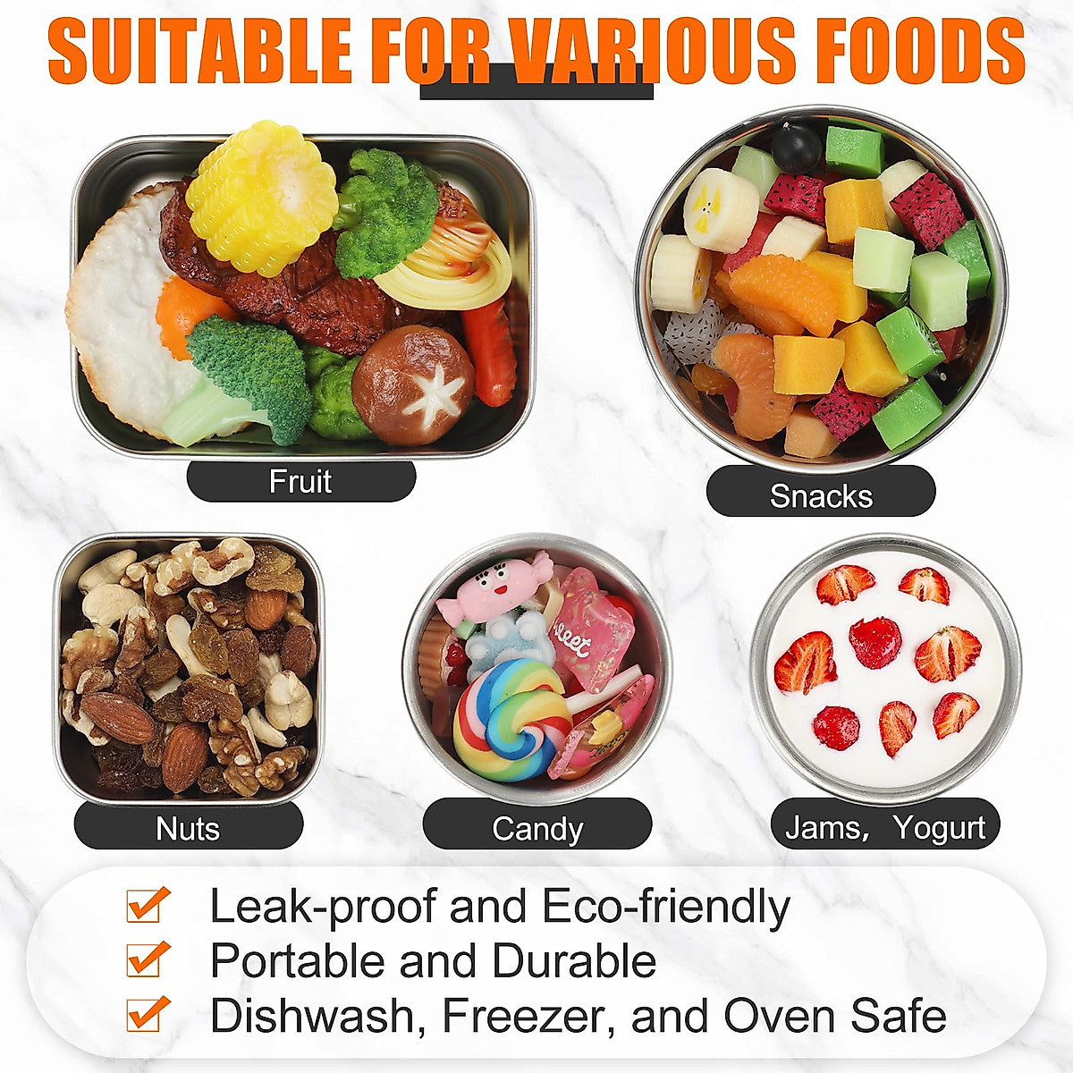 RimCereal 4 Pcs Stainless Steel Lunch Containers with Lids Metal Lunch Box Leakproof Salad Snack Containers for Kids