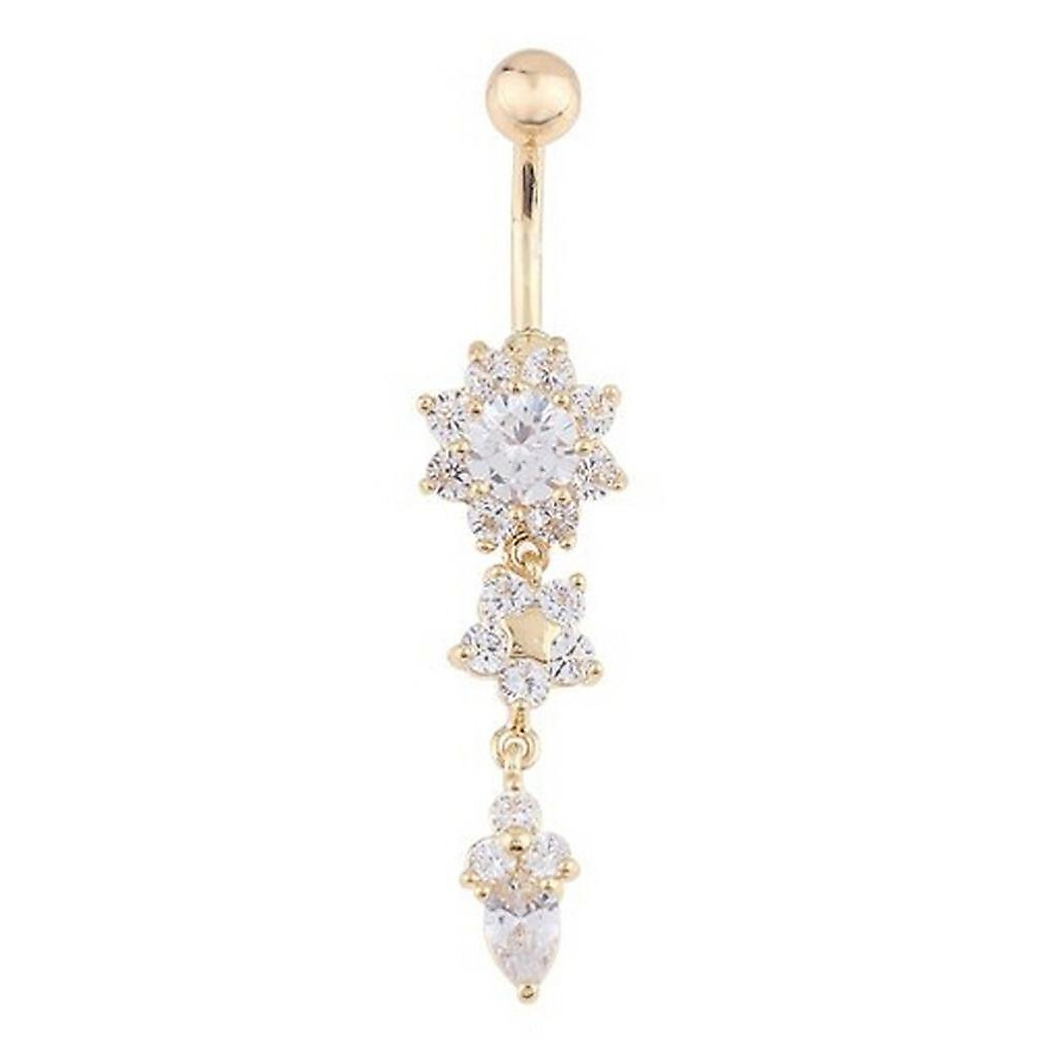 BeeSpring Sexy Women Crystal Ring Body Dangle Ball Barbell Bar Belly Button Ring Navel Ring (Gold)