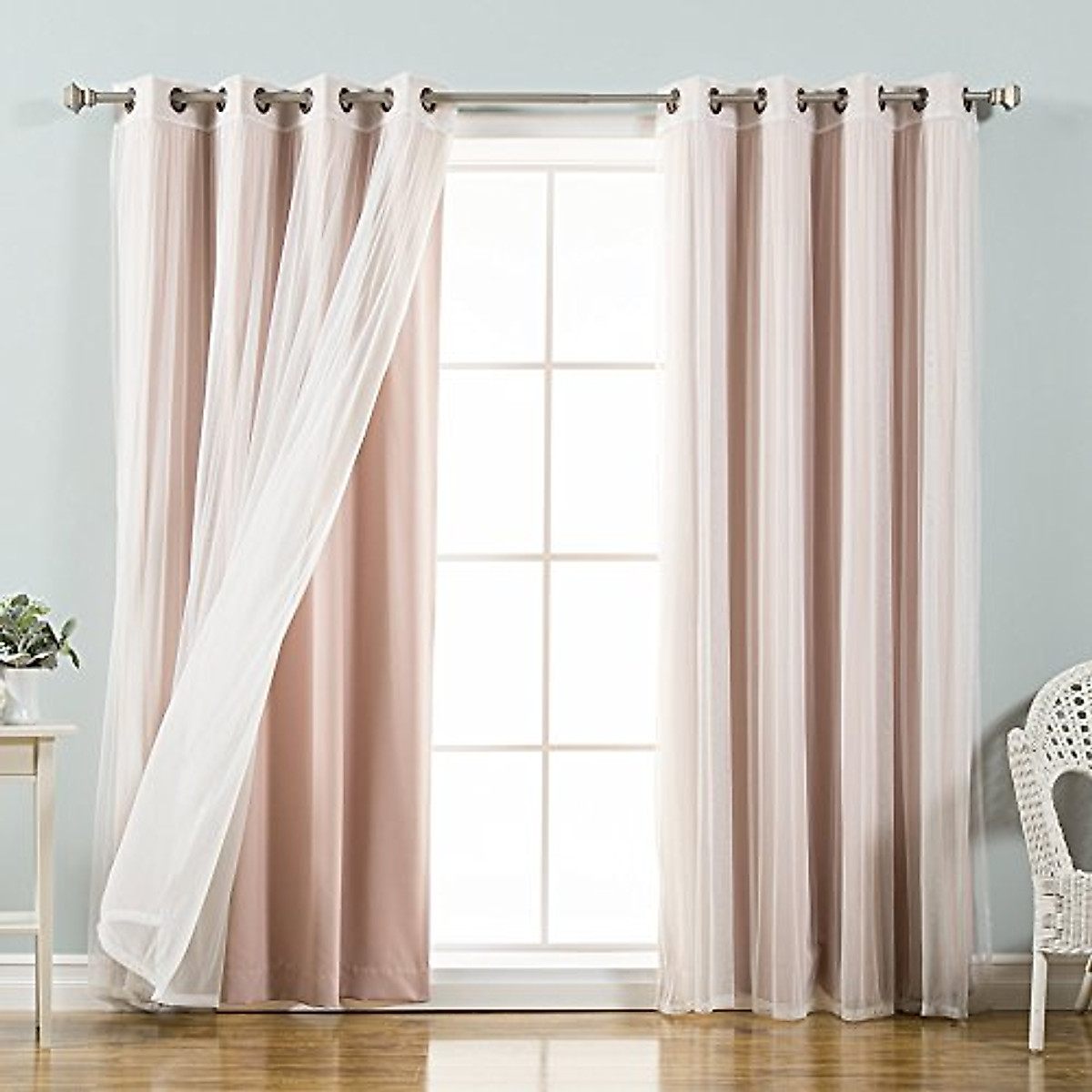 Best Home Fashion Mix & Match Tulle Sheer Lace & Blackout Curtain Set - Antique Bronze Grommet Top - Dusty Pink - 52"W X 84"L - (2 Curtains and 2 Sheer curtains)