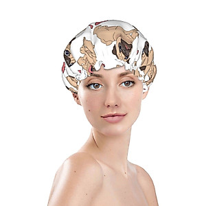 White Brown Pug Shower Cap for Women,Double Waterproof Layers Bathing Shower Hat Large Designed for all Hair
