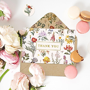 Whaline 24 Pack Wildflower Thank You Cards Vintage Floral Greeting Cards with Envelopes Stickers Gold Foil Retro Spring Blank Note Cards for Wedding Bridal Baby Shower Birthday, 4 x 6 Inch
