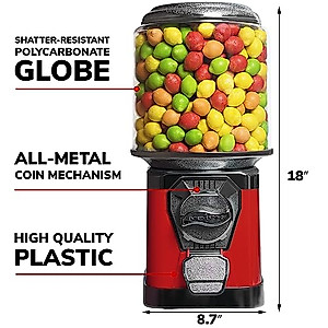 Gumball Machine for Kids with Refill - Red Vending Machine with Cylinder Globe and 1" Bouncy Balls Refill - Bubble Gum Machine for Kids - Home Vending Machine - Coin Gumball Machine - Bubblegum