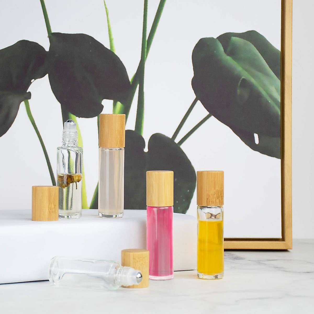 Glass Roll On Bottle with Bamboo Lid for Essential Oils, Creatiee Eco-friendly Refillable Clear Perfume Sample Bottles with Stainless Steel Roller Ball - Portable & Practical (12Pcs 15ml Clear)