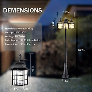 3-Head Outdoor Lamp Post Light Fixture, Dusk to Dawn Aluminum Post Lights Hard Wired, Sensor Pole Lights for Yard, Street Light Posts for outside with Water Ripple Glass Shade, E26 Base