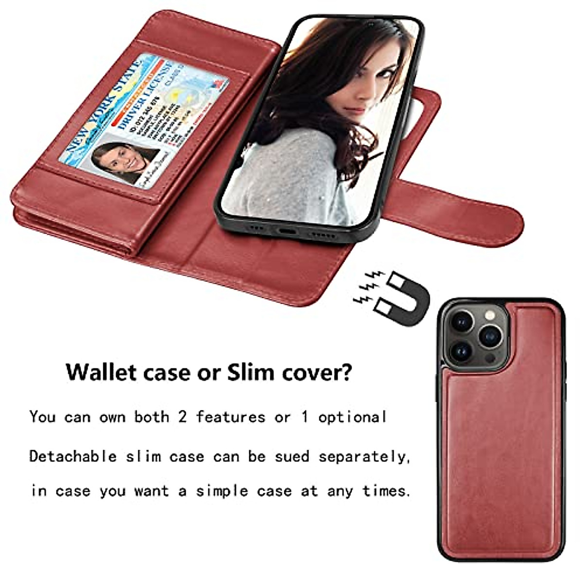 NJJEX Wallet Case for iPhone 14 Pro 6.1" 2022, for iPhone 14 Pro Case, [9 Card Slots] PU Leather ID Credit Holder Folio Flip [Detachable] Kickstand Magnetic Phone Cover & Lanyard [Wine Red]