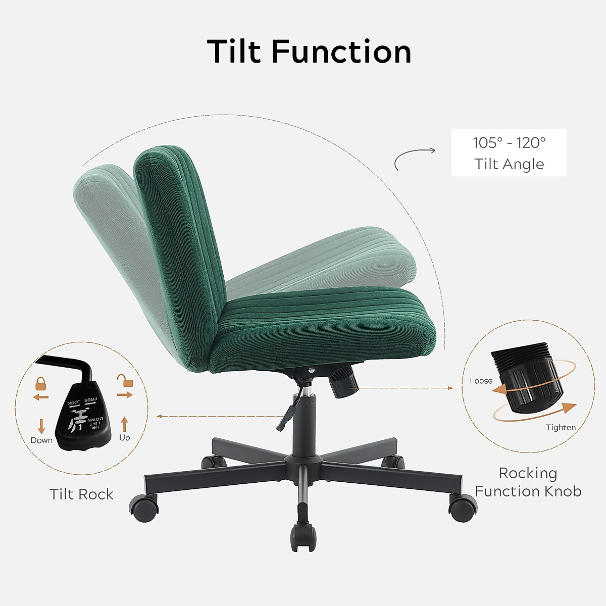 EYYTHUNG Crossleg Chair with Wheels Wide Seat Home Desk Criss Computer Chair Velvet Swivel Side Vanity Chair Green for Girl