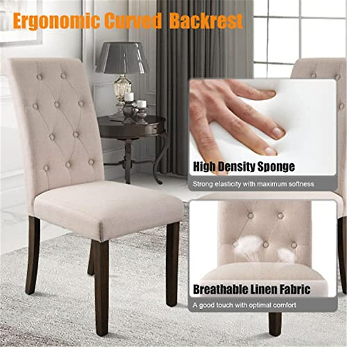 Aristocratic Style Dining Chair Noble and Elegant Solid Wood Tufted Dining Chair, Beige (Set of 2)